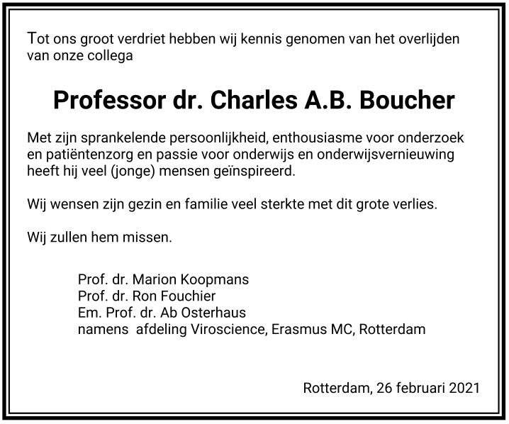 Pionier in hiv-onderzoek Charles Boucher (63) overleden - NRC